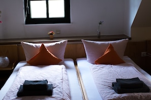 Quarto casal básico, 2 camas de solteiro, vista para a montanha | Escrivaninha, Wi-Fi de cortesia