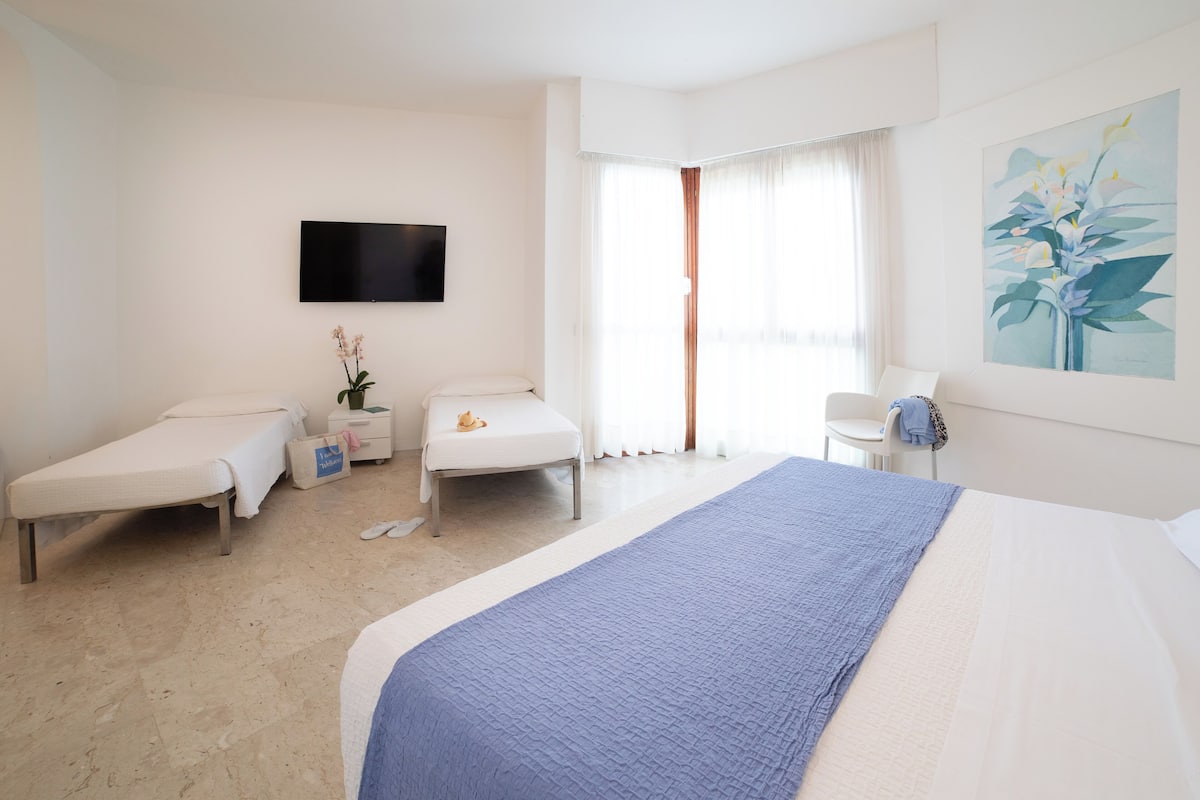 Quarto de hotel com uma cama grande, duas mesas de cabeceira, uma televisão de tela plana, uma janela com cortinas e um quadro na parede.