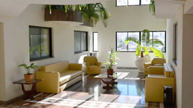 Uma sala de estar ampla com sofás amarelos, uma mesa de centro e plantas em vasos.