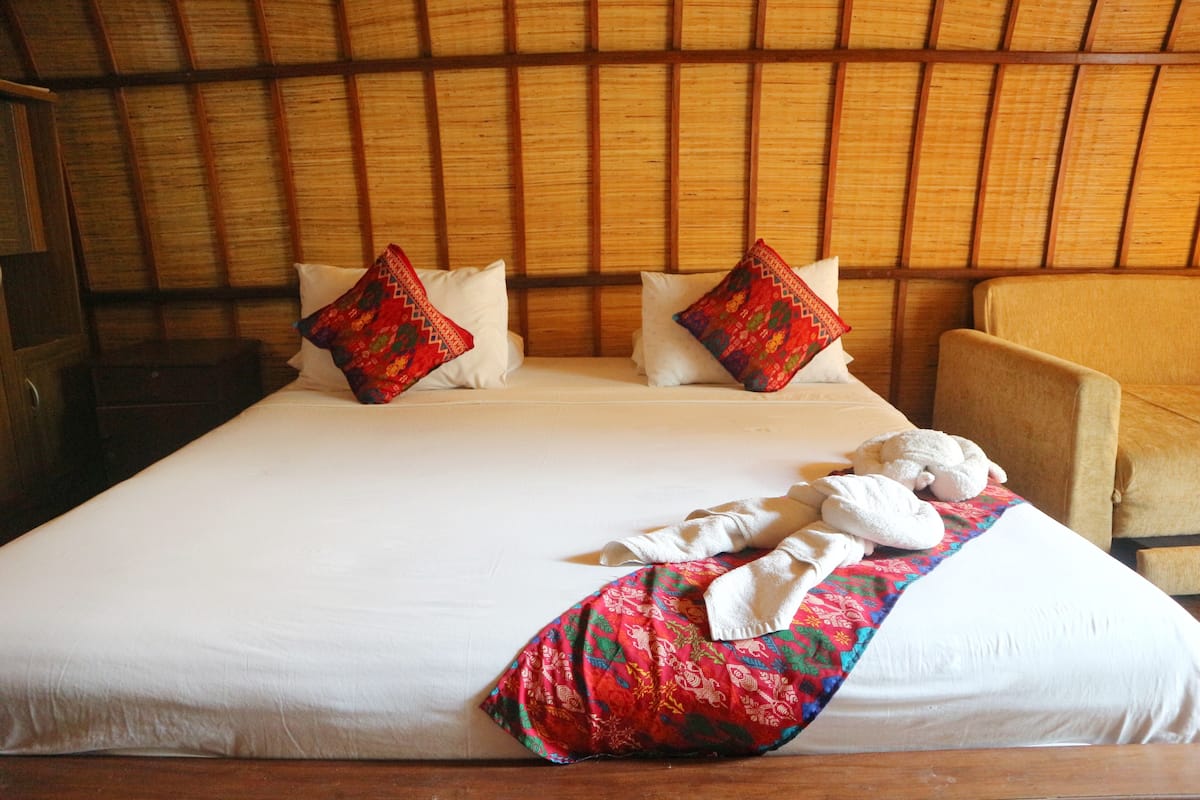 Quarto de hotel com cama grande, duas almofadas, uma cadeira e um cobertor.