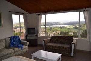 Uma sala de estar com um sofá, uma mesa de centro e uma televisão.