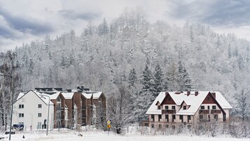 Um hotel com vários edifícios, rodeado por uma floresta nevada.
