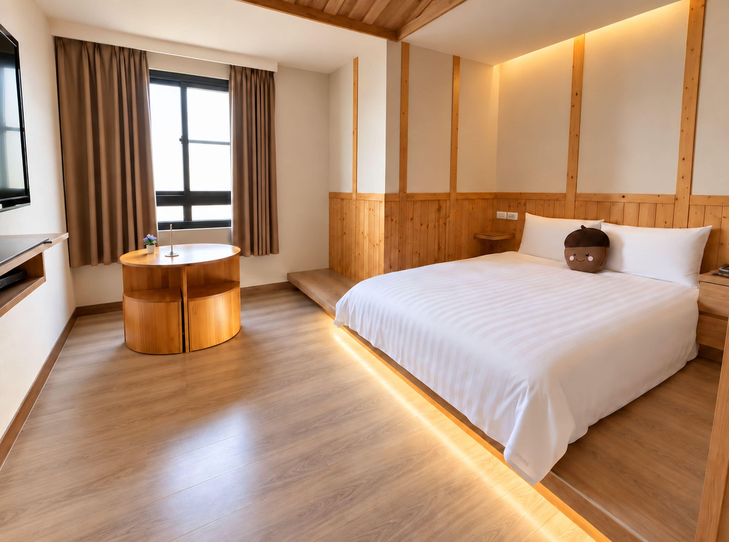 Quarto de hotel com piso de madeira, mesa redonda de madeira, cama com roupa de cama branca e cabeceira de madeira.