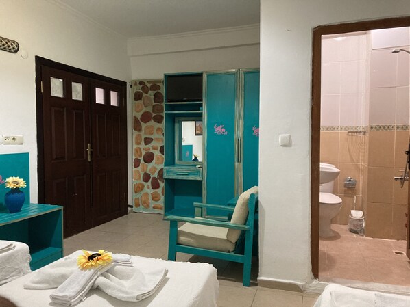 Casa de banho com chuveiro, sanita e uma cadeira.
