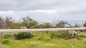 Uma área gramada com cerca de metal, árvores e vista para o mar e edifícios ao longe.