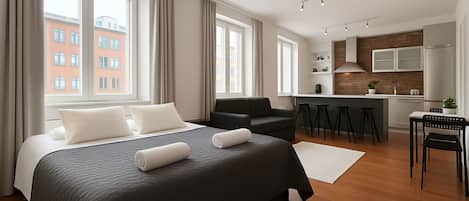 Apartamento urbano, sauna seca, vista para o pátio | Individualmente decorados, individualmente mobiliados, escrivaninha