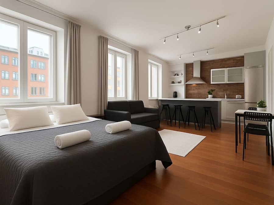 Apartamento urbano, sauna seca, vista para o pátio | Escrivaninha, espaço de trabalho para notebook, Wi-Fi de cortesia