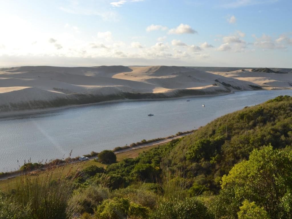 Um rio com barcos, rodeado por dunas de areia e vegetação.