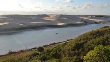Um rio com barcos, rodeado por dunas de areia e vegetação.