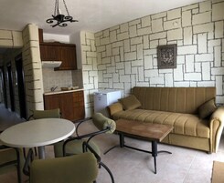 Uma sala de estar com sofá, mesa e cadeiras. Há uma área de cozinha com armários e geladeira.