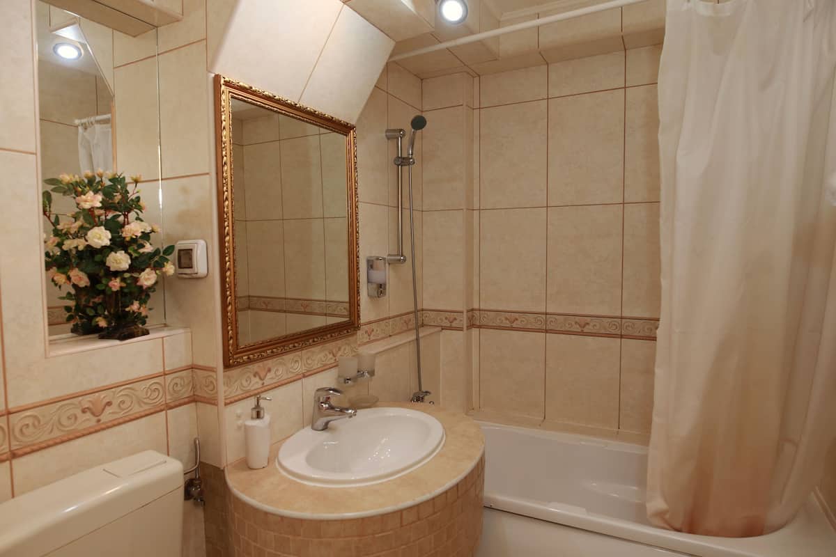 Quarto Duplo Standard, 1 cama king-size, vista para o pátio | Casa de banho | Um polibã, artigos de higiene pessoal grátis, um secador de cabelo