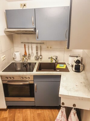 Apartamento Comfort | Cozinha privada | Um frigorífico, um micro-ondas, um forno, uma placa de cozinha 