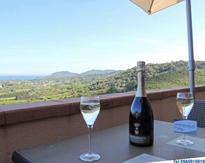 Uma garrafa de vinho Conti Ducco e duas taças em uma varanda com vista panorâmica da paisagem costeira.