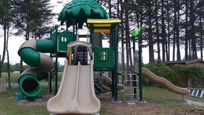 Um parquinho com escorrega, estruturas de escalada e uma cúpula verde para trepar.