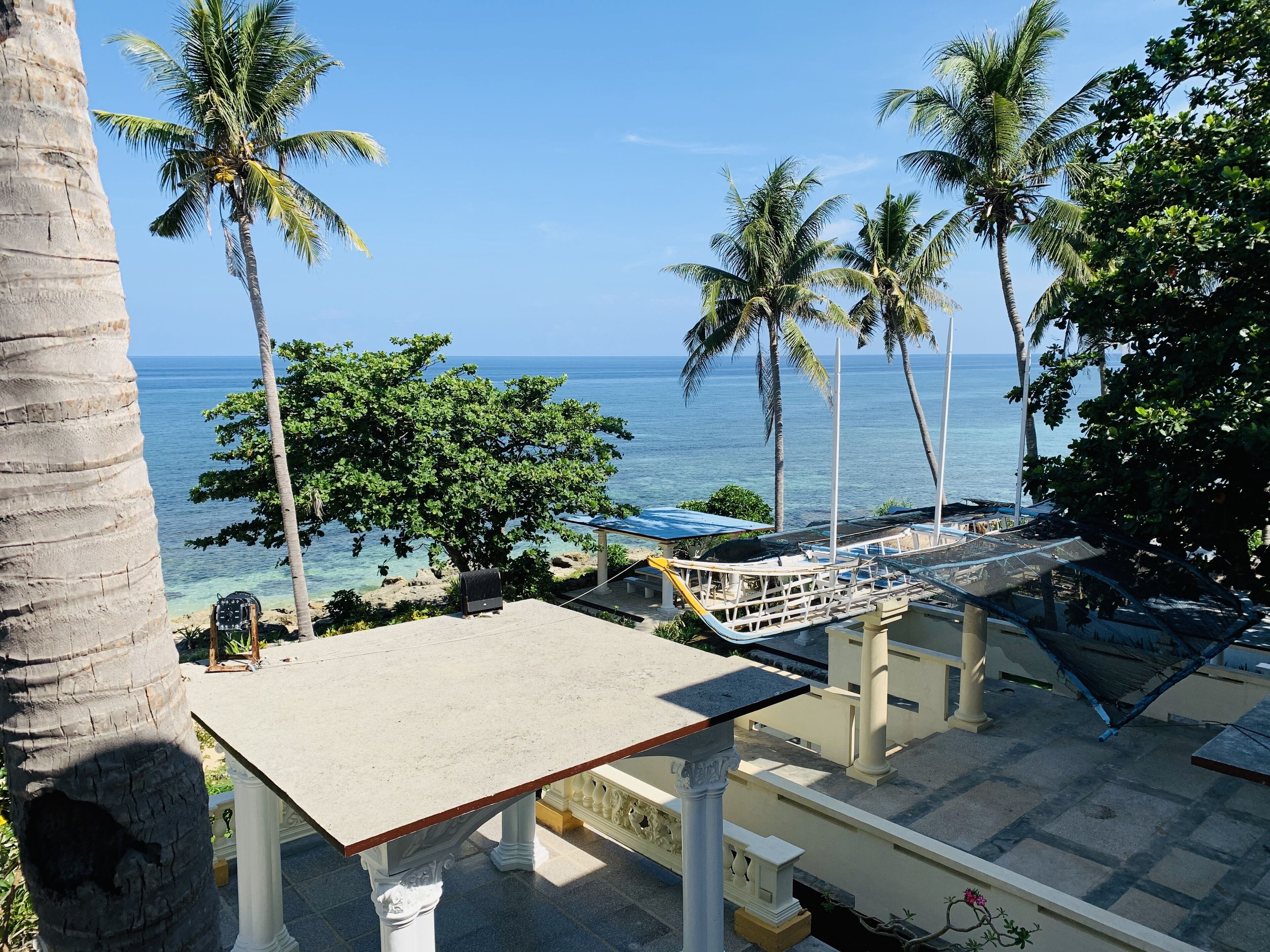 Vista da praia com palmeiras, piscina e um gazebo com vista para o oceano.