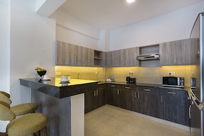 Suite Executiva, 1 cama king-size, Vista para a cidade | Cozinha privada | Um frigorífico/congelador grande, um micro-ondas no espaço comum