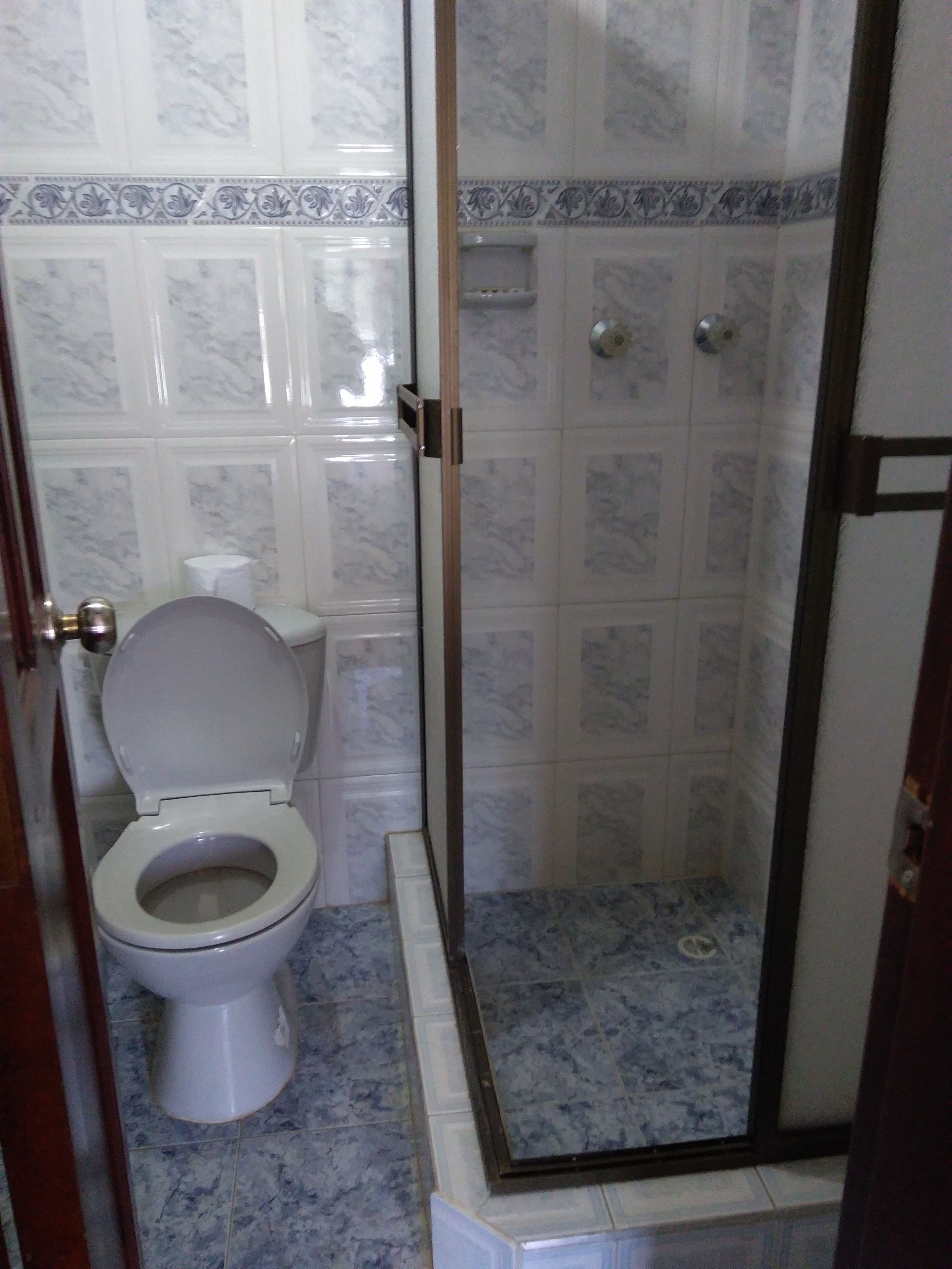 Casa de banho com sanita, cabine de duche e paredes em azulejo.