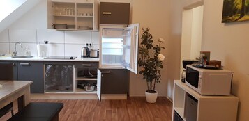 Um frigorífico/congelador grande, um micro-ondas, uma placa de cozinha 