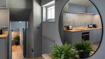 Apartamento de Luxo, 1 cama king-size e sofá-cama, cozinha, no rés do chão | Cozinha privada | Um frigorífico, um micro-ondas, um forno, uma placa de cozinha