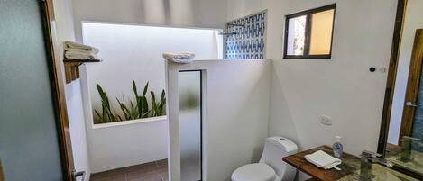 Casa de banho com chuveiro, sanita e lavatório.