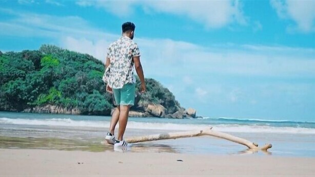 Uma pessoa caminhando na praia, com um tronco grande na areia e uma ilha arborizada ao fundo.