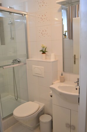 Uma casa de banho moderna com cabine de duche em vidro, sanita e lavatório.