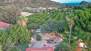 Uma villa com telhado de terracota vermelha, rodeada por vegetação exuberante e vista para o mar.