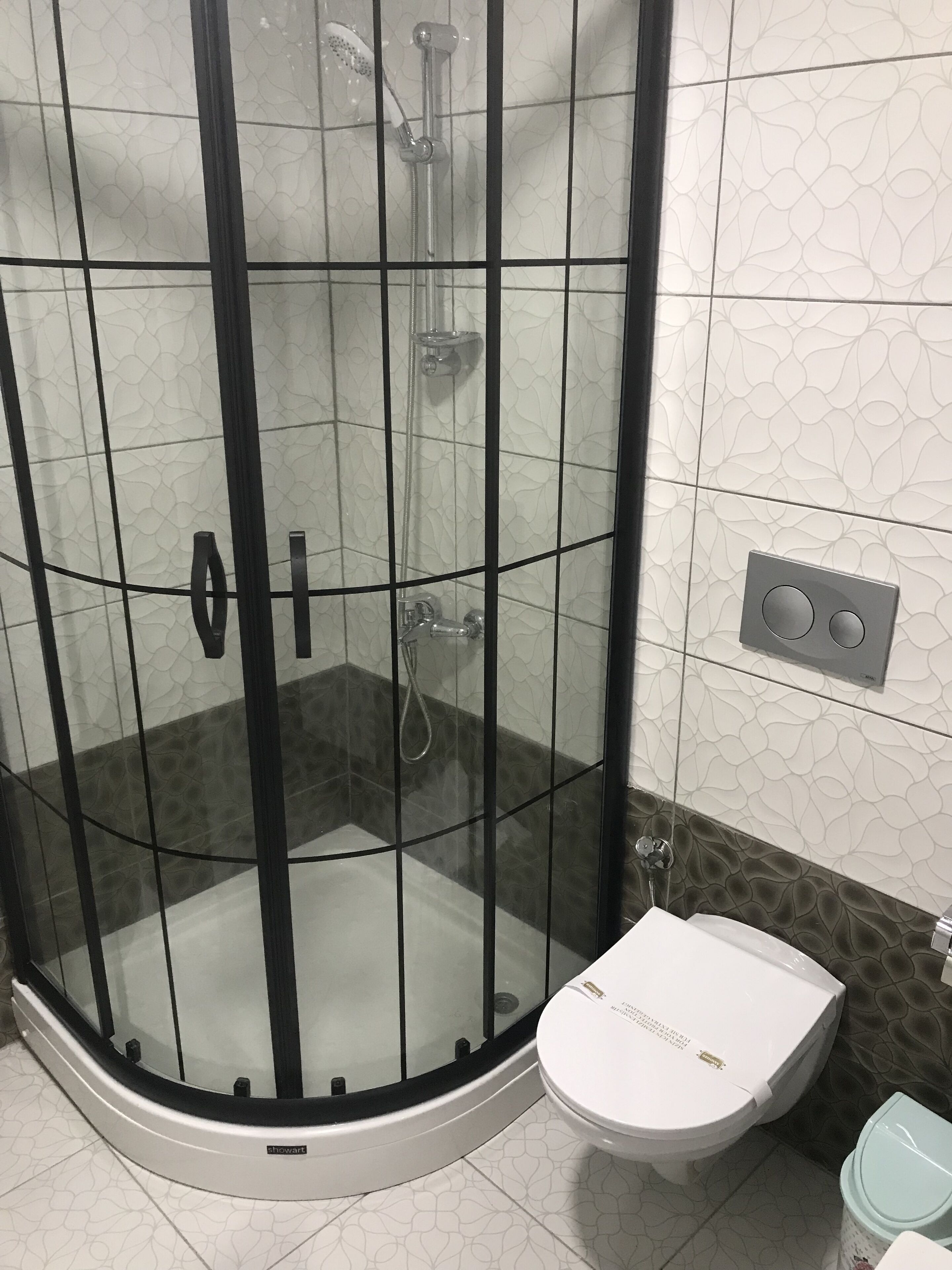 Divisória de chuveiro com porta de vidro, vaso sanitário e bidê.