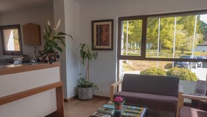 Uma área de recepção com uma mesa de madeira, um vaso de planta, uma obra de arte emoldurada e um sofá.
