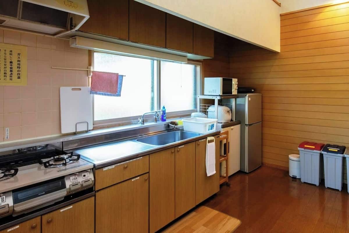 Cozinha compacta com armários de madeira, pia de aço inoxidável, fogão e micro-ondas.