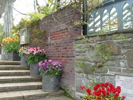 Escadaria de pedra que leva a um edifício com parede de tijolos e cerca de metal. Vasos com diversas flores estão nos degraus.
