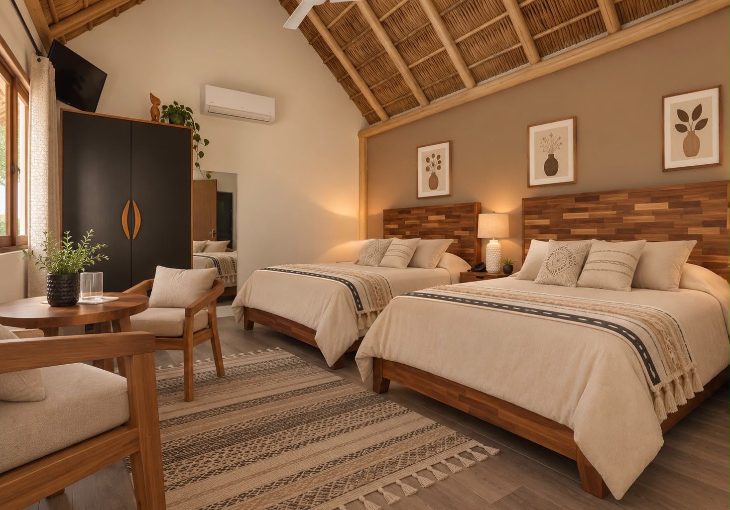 Quarto de hotel com duas camas, cabeceira de madeira, mesa de madeira redonda, uma cadeira, planta em vaso e ar-condicionado fixado na parede.