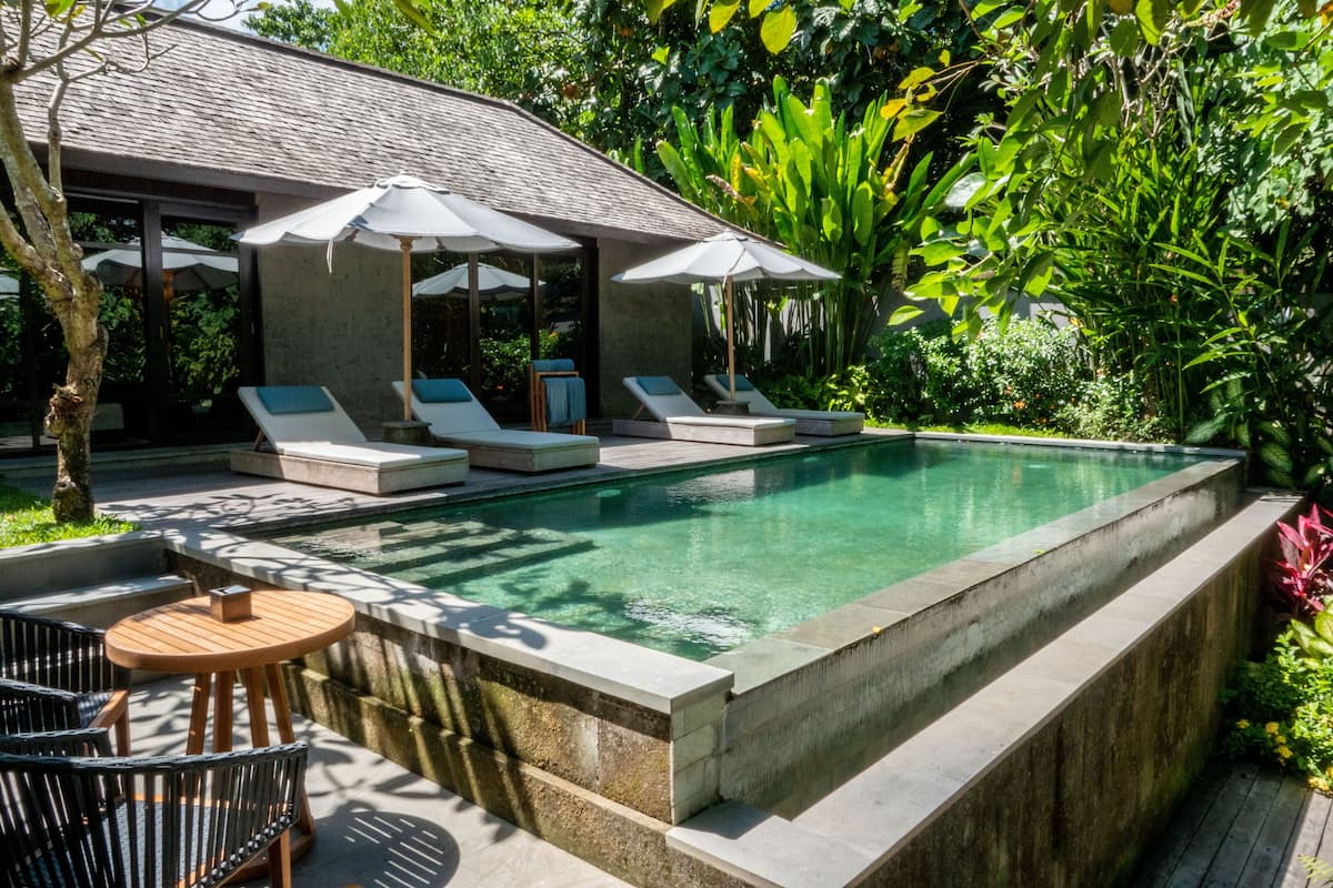 Piscina retangular com espreguiçadeiras e guarda-sóis, rodeada por vegetação exuberante.