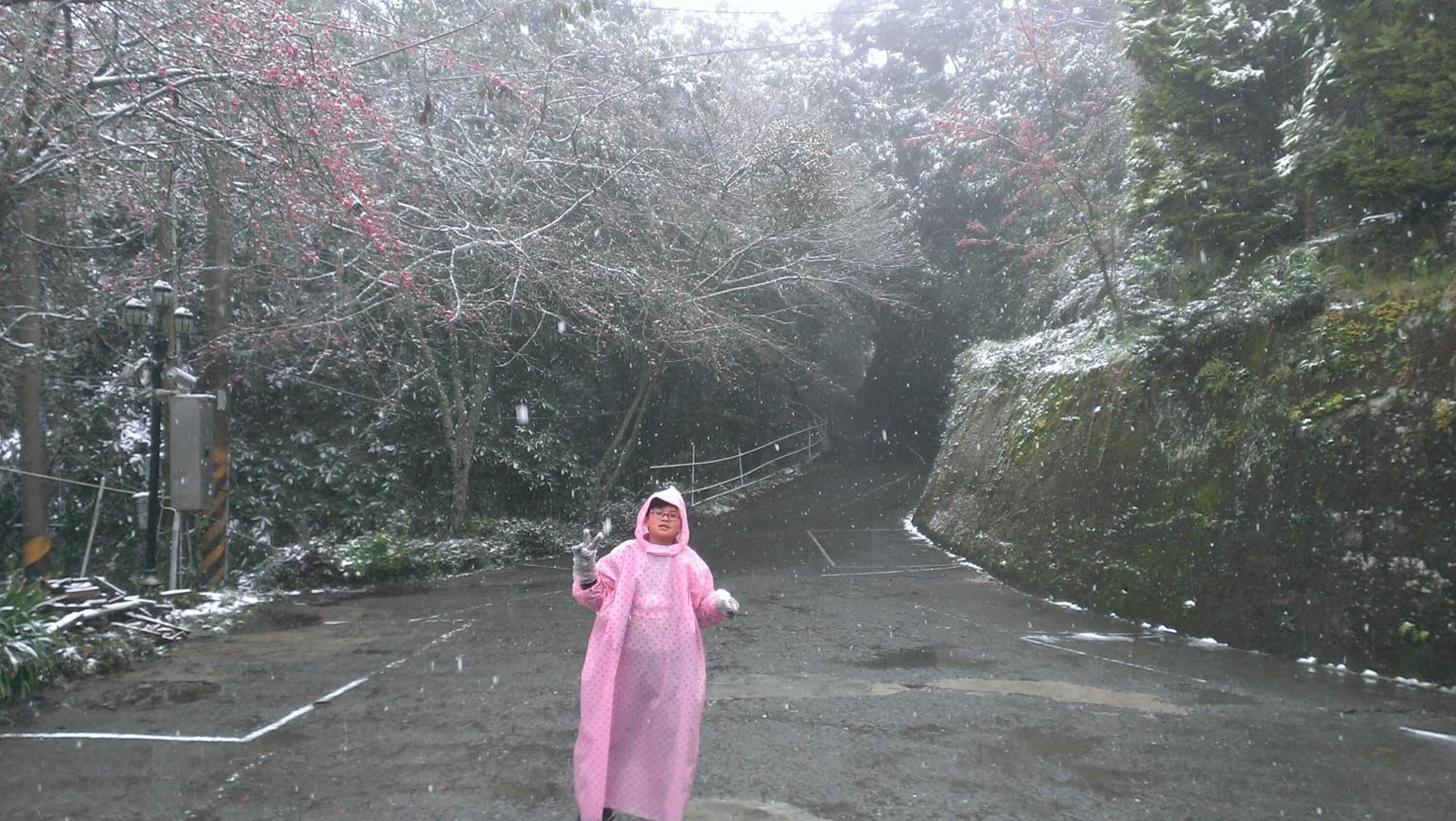 Uma pessoa em pé numa estrada molhada, rodeada por árvores e uma encosta rochosa.