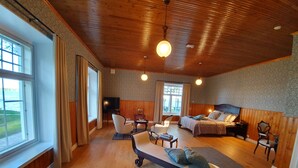 Quarto espaçoso com cama grande, escrivaninha e cadeira. Possui janela com cortinas, televisão e luminária no teto.