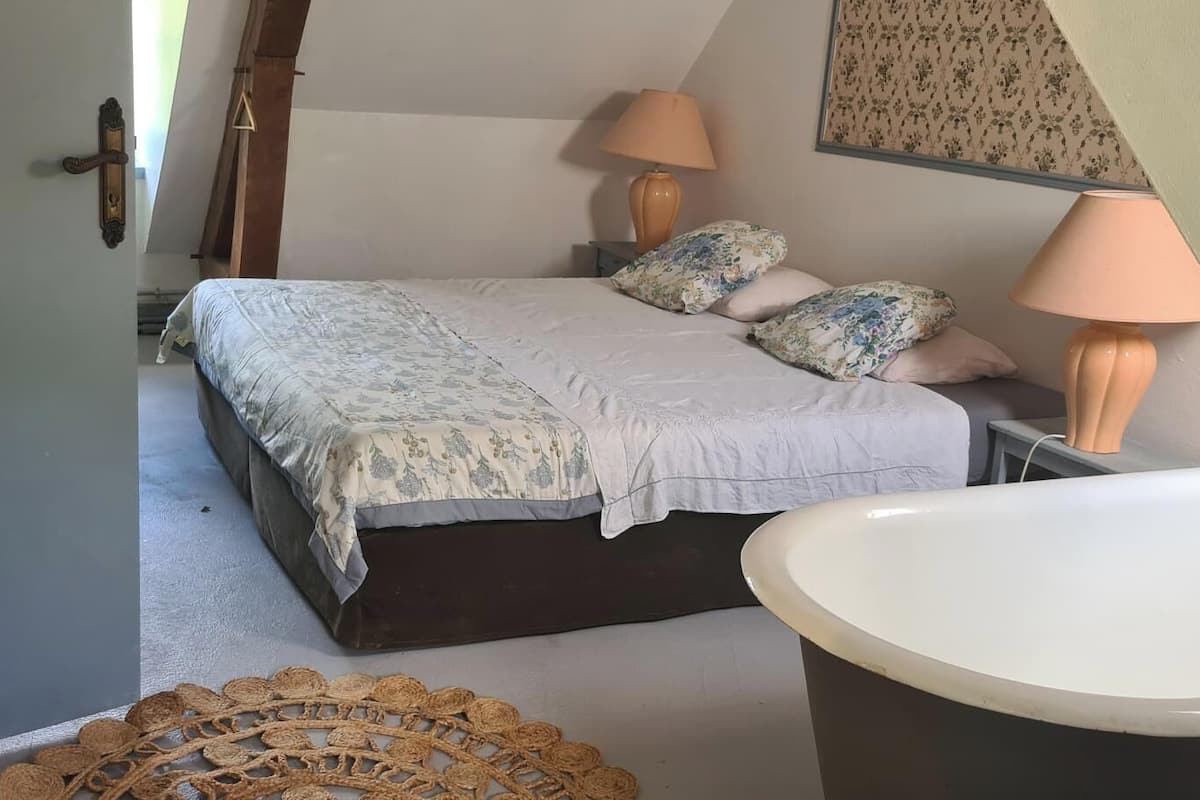 Quarto com cama, duas luminárias de cabeceira, mesa de cabeceira, espelho e tapete redondo pequeno.