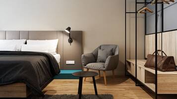 Quarto moderno com cama, mesa de cabeceira, cadeira e guarda-roupa com espaço para pendurar roupas.