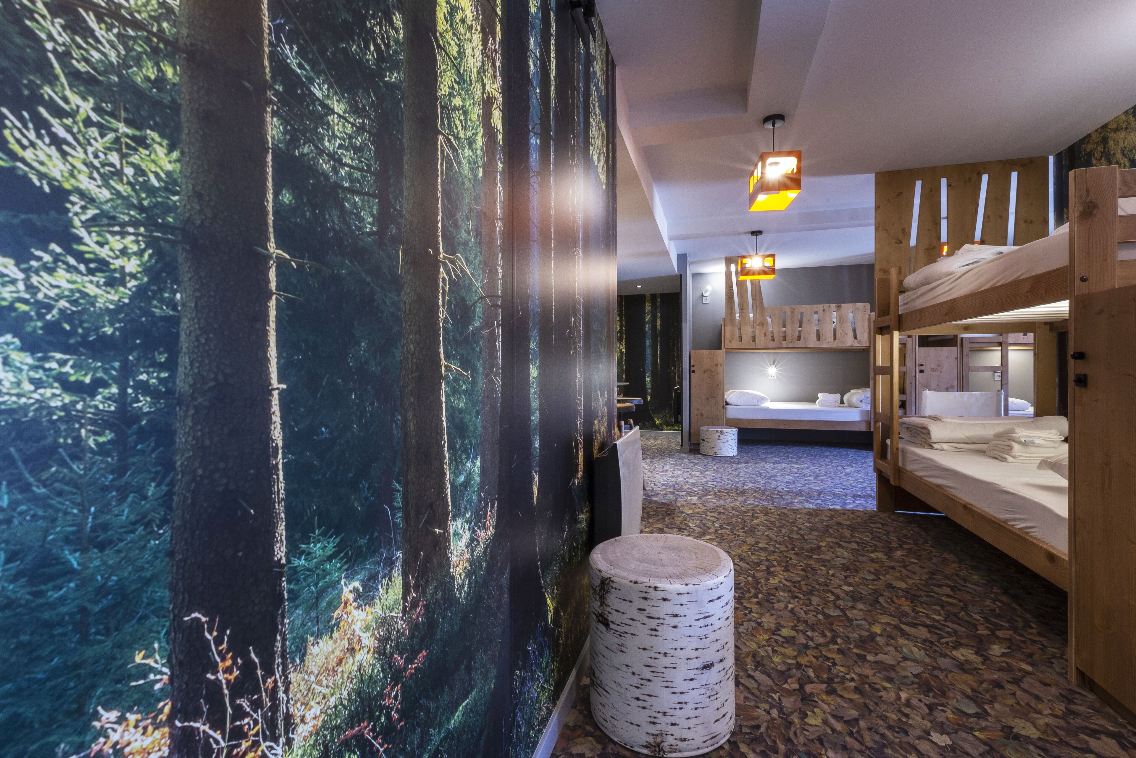Quarto com um mural de floresta, beliches, uma mesa redonda e um tapete estampado.