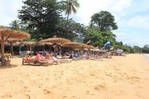 Uma praia com guarda-sóis de palha e cadeiras de praia.