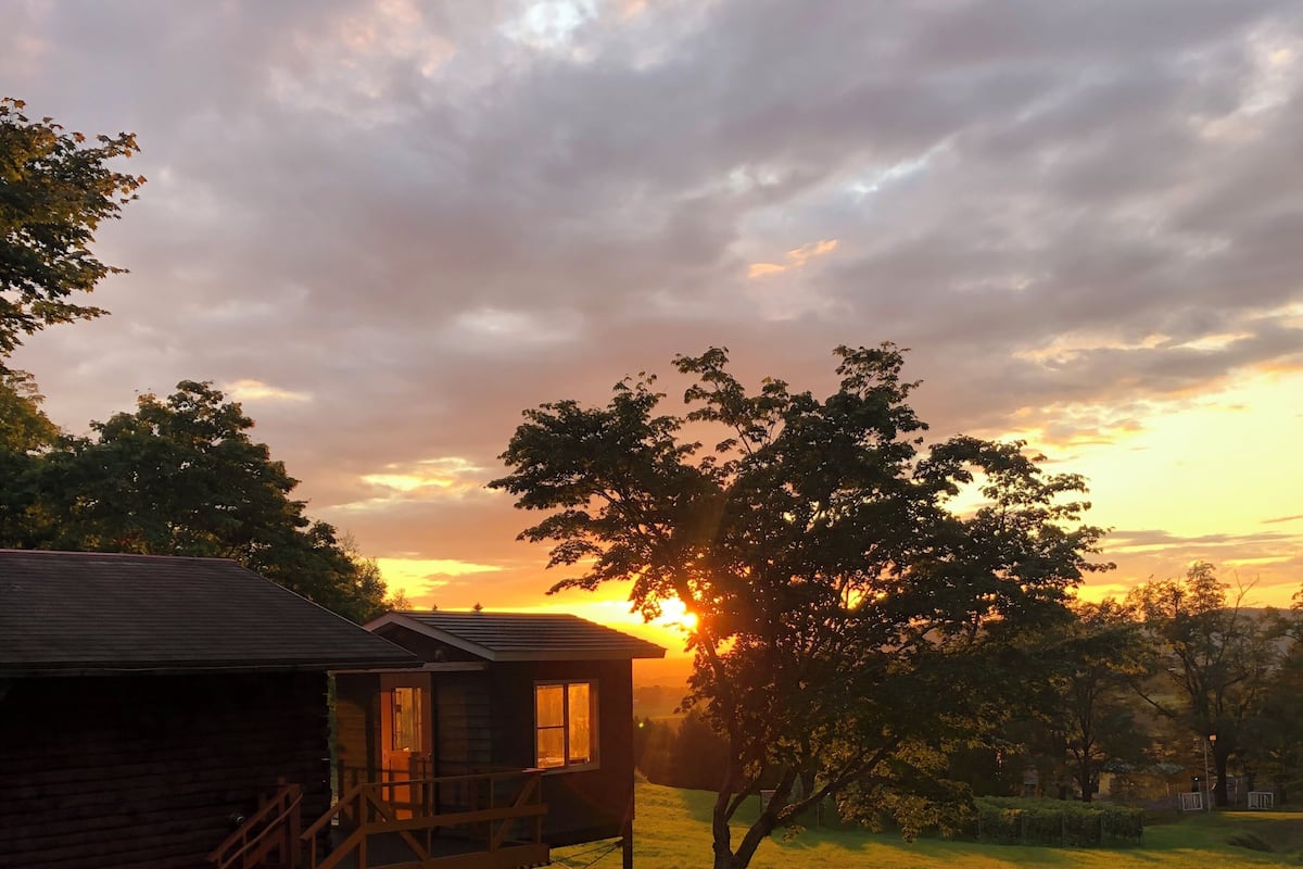 Uma cabana de madeira com varanda, rodeada por grama e árvores, durante o pôr do sol.