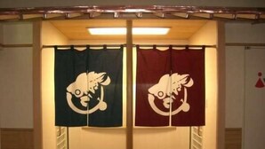 Um elevador com duas cortinas com design de personagem de desenho animado.