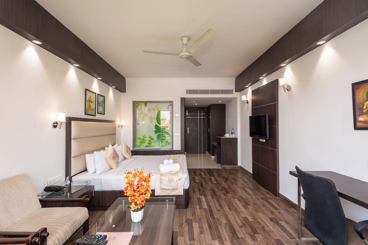 Quarto de hotel moderno com uma cama grande, um sofá, uma escrivaninha e uma televisão.