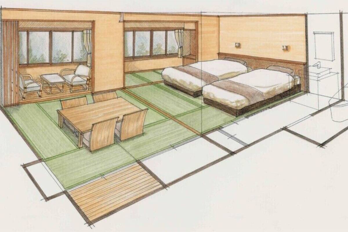 Quarto com duas camas, uma mesa de jantar, cadeiras, uma pequena cozinha e uma janela com cortinas.