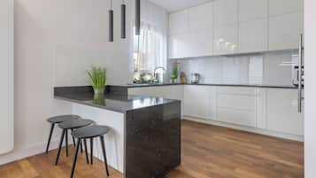 Apartamento (B 38) | Cozinha privada | Um frigorífico, uma placa de cozinha, uma chaleira elétrica