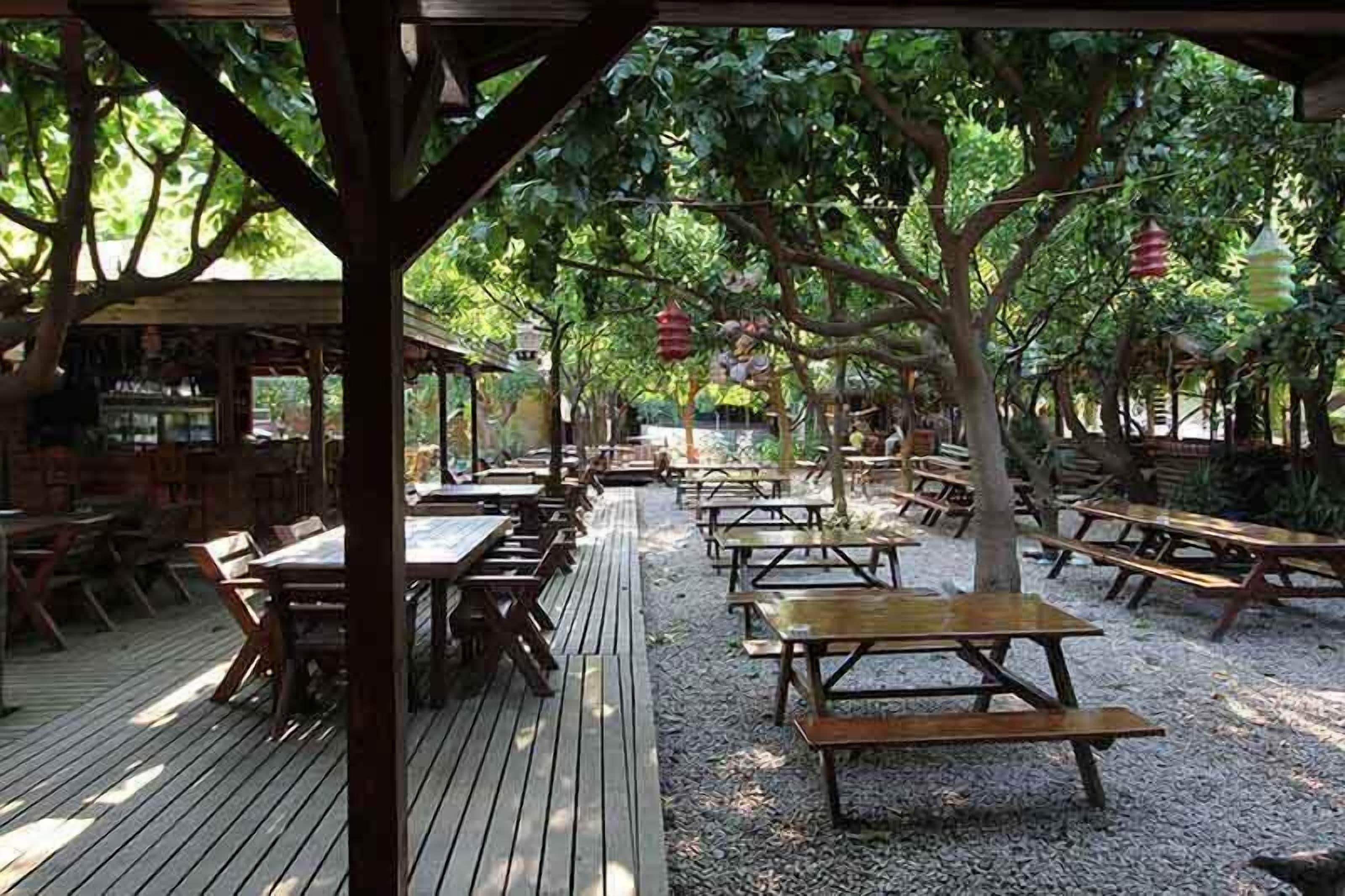 Restaurante ao ar livre com mesas e bancos de madeira, rodeado por árvores e coberto por uma pérgola de madeira.