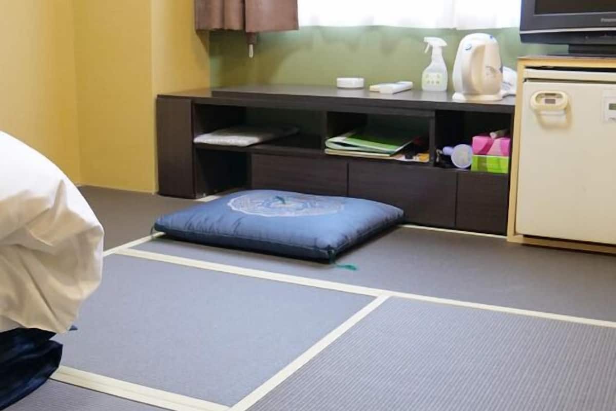 Quarto de hotel com cama, um pequeno sofá, escrivaninha com computador, televisão e armário com diversos objetos.
