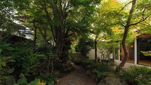 Um jardim com caminho de pedra, árvores e um edifício com grandes janelas.