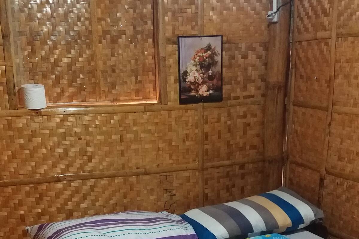 Quarto com uma cama, um travesseiro listrado, um travesseiro azul com patos de desenho animado e um quadro na parede.