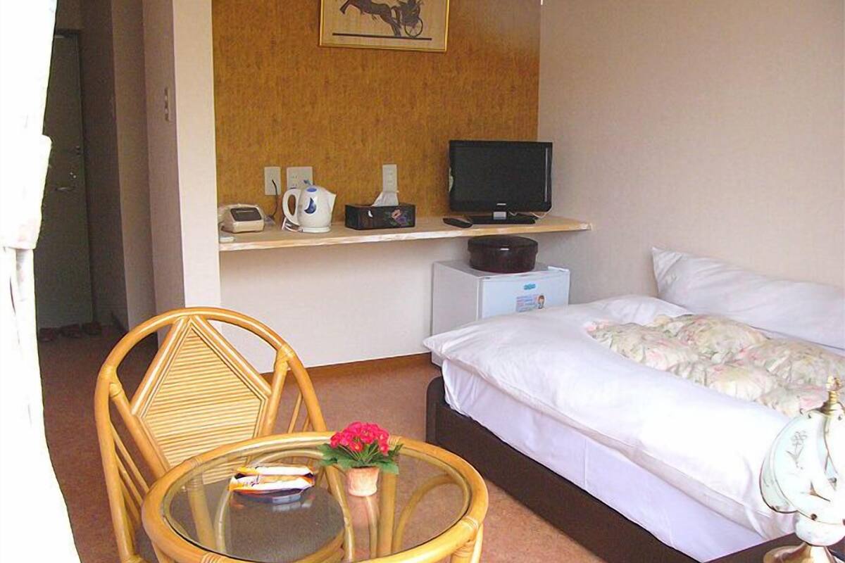 Quarto de hotel com cama, televisão, mesinha com um vaso de flores e uma cadeira.