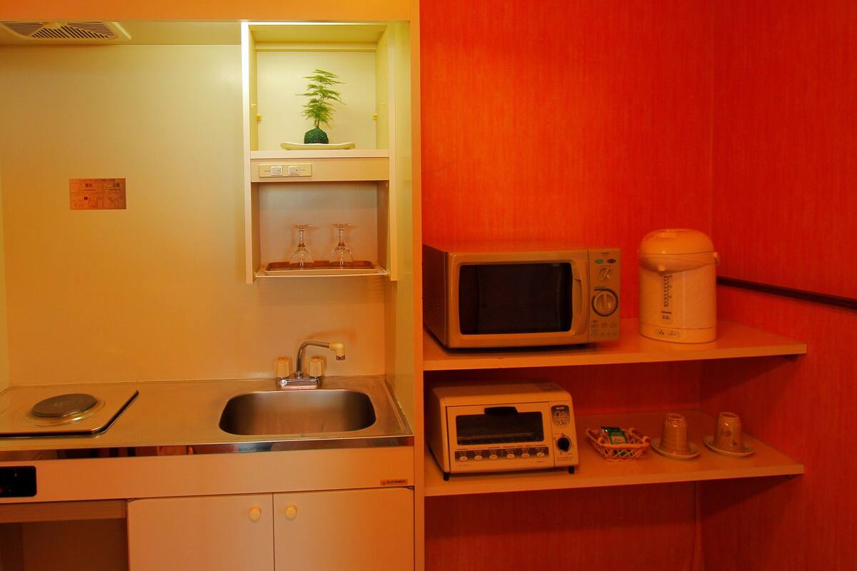Uma cozinha compacta com pia, micro-ondas, torradeira e um pequeno prateleira com uma planta.